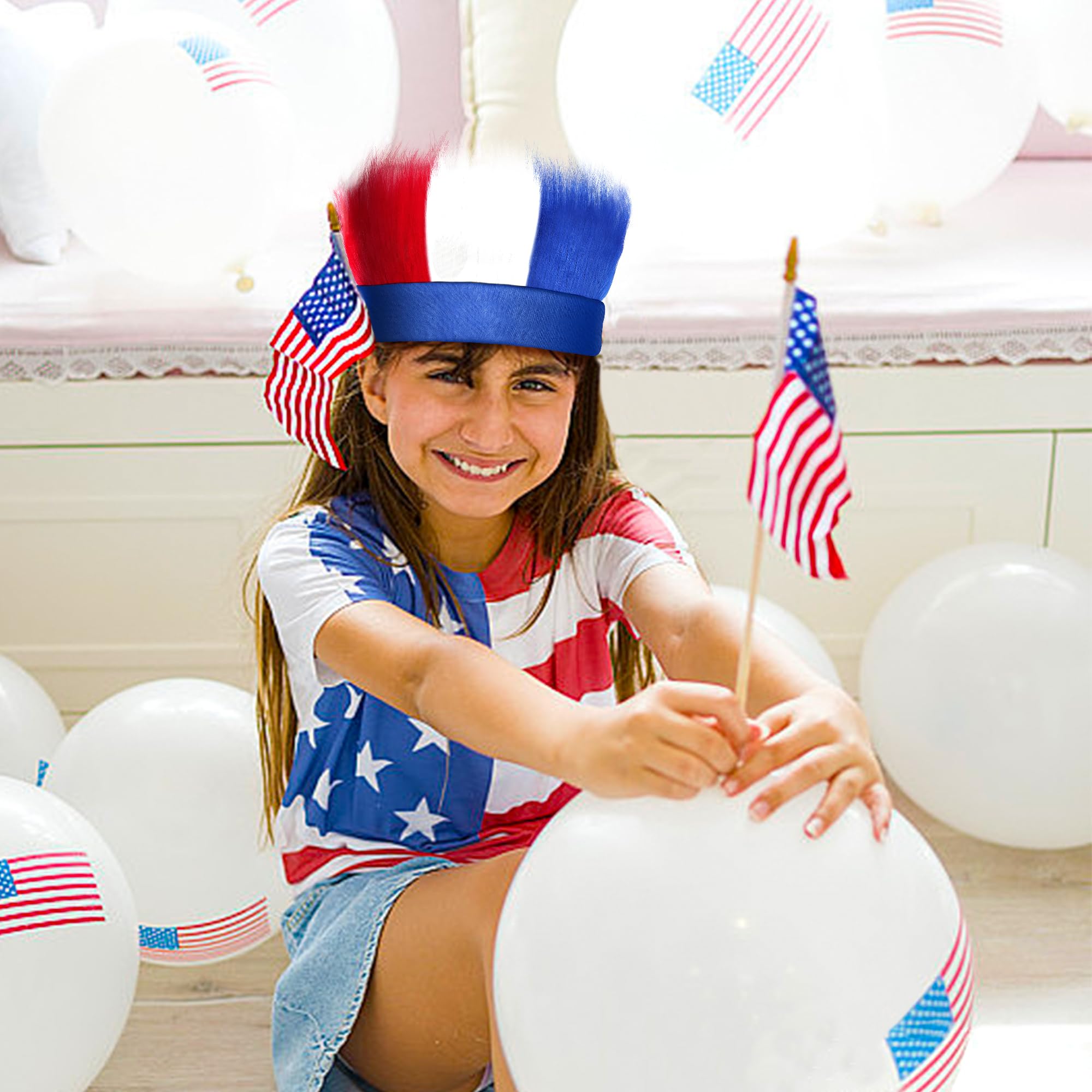 Watayo 2 Pcs Independence Day Patriotic Hairy Headband - 4th of July Crazy Hair Accessory - Red White and Blue Hairband Headwear for Memorial Day, Veterans Day