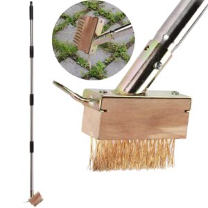 weed remover manual crevice weeding brush long handle, crack weeder, stainless steel moss removal puller for cleaning block paving grout deck paver patio walkway driveway