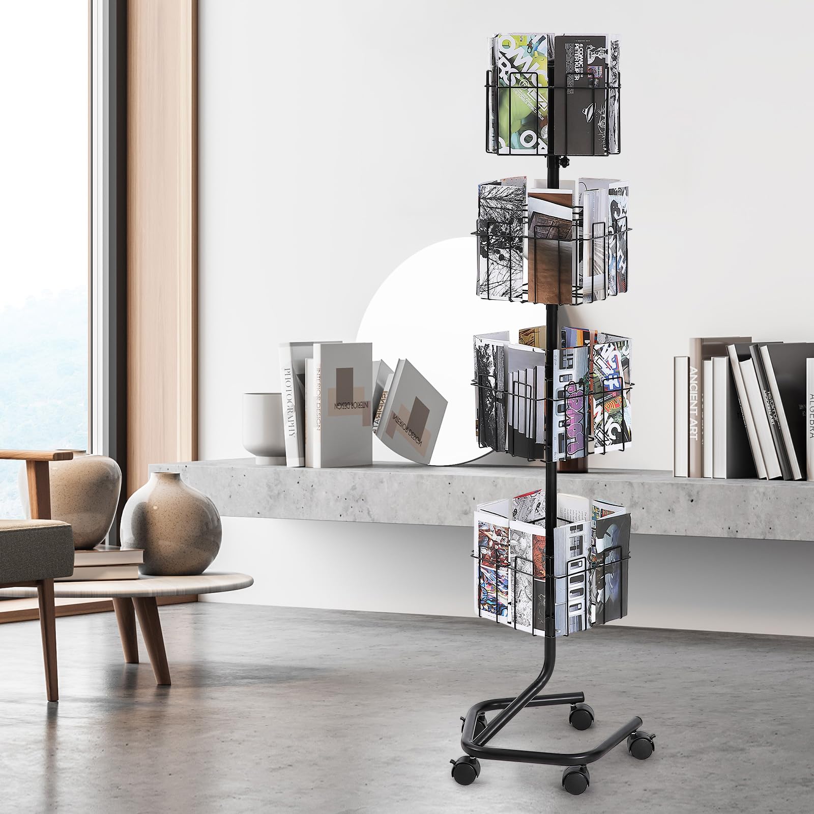 VEVOR Brochure Display Rack, 4-Tier 32 Pockets Rotating Magazine Literature Display Stand for Postcards, 360° Spinning Greeting Cards Rack with 5 Wheels (2 Lockable) for Shop Exhibitions Office