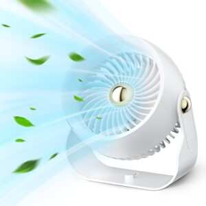 civpower air circulation desk fan: rechargeable table fan with 6000 mah battery - 4 speed and timing - 270° adjustable quiet fan for bedroom/office/camp - white