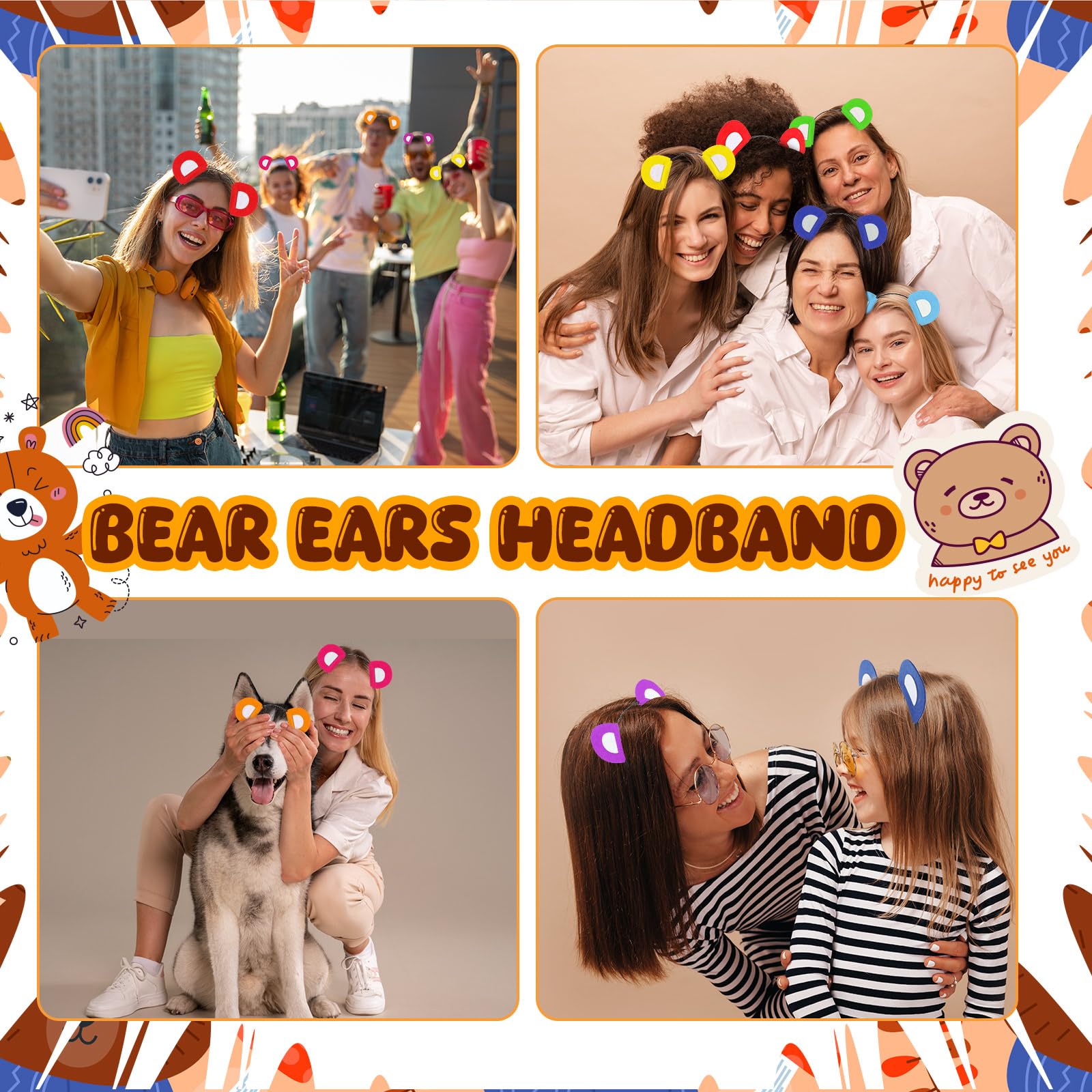 SMAODSGN Bear Ears Costume Headband - 8 Pcs Colorful Animal Headbands for Birthday, Halloween, Christmas Celebrations