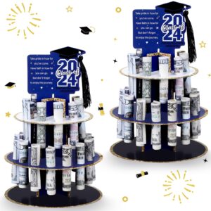 spakon 2 pcs 2024 graduation money holder for cash gift graduation gift money holder tower tiered cash cake with 25 holes for congrats grad class of 2024 graduation party supplies decorations