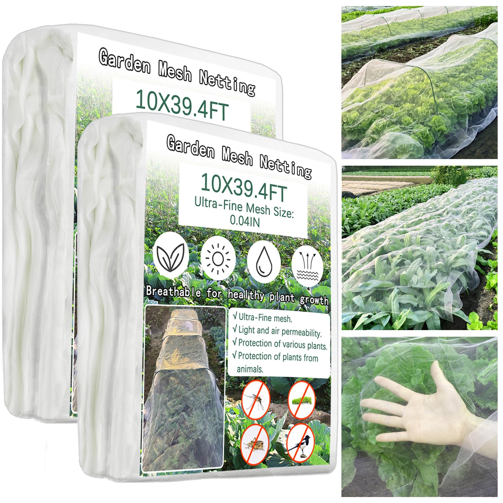 2 Pack Garden Netting 10x39.4Ft Ultra Fine Mesh Insect Netting for Garden Protection,Reusable Barrier Protection Mesh Plants Cover for Protect Vegetables Plants Fruits Flowers Crops from Animals