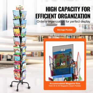 VEVOR Greeting Cards Display Rack, 32 Pockets Rotating Postcard Brochure Display Stand, 360° Spinning Card Display Rack with Sign Holder & 4 Wheels (2 Lockable) for Exhibitions Office Trade Show