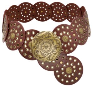 wuliqiuqiu wide disc belt for women boho concho leather belts vintage western waist belt 115cm brown