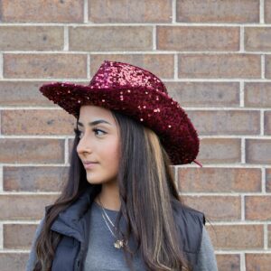 Funky Junque Women's Cowboy Hat - Large Sequin w/Suede String - Maroon Berry