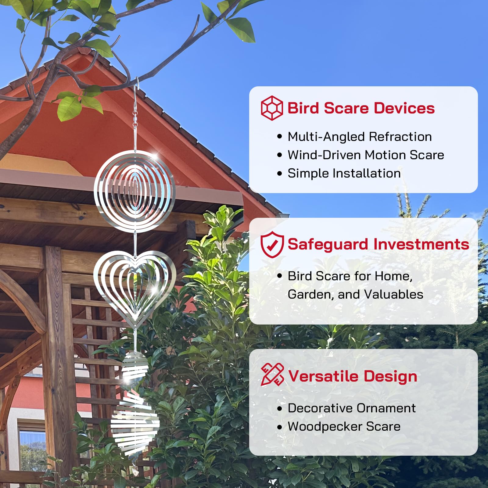 Bird Deterrents for Outside, Reflective 3D Stainless Steel Wind Spinners, Garden Decor, Bird Scare Devices to Keep Woodpeckers, Pigeons Away from Your House, Patio, Orchards