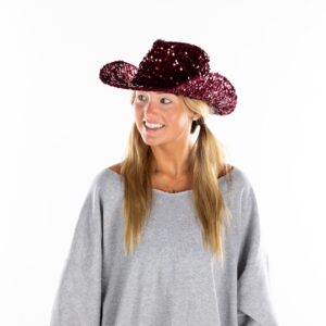 Funky Junque Women's Cowboy Hat - Large Sequin w/Suede String - Maroon Berry