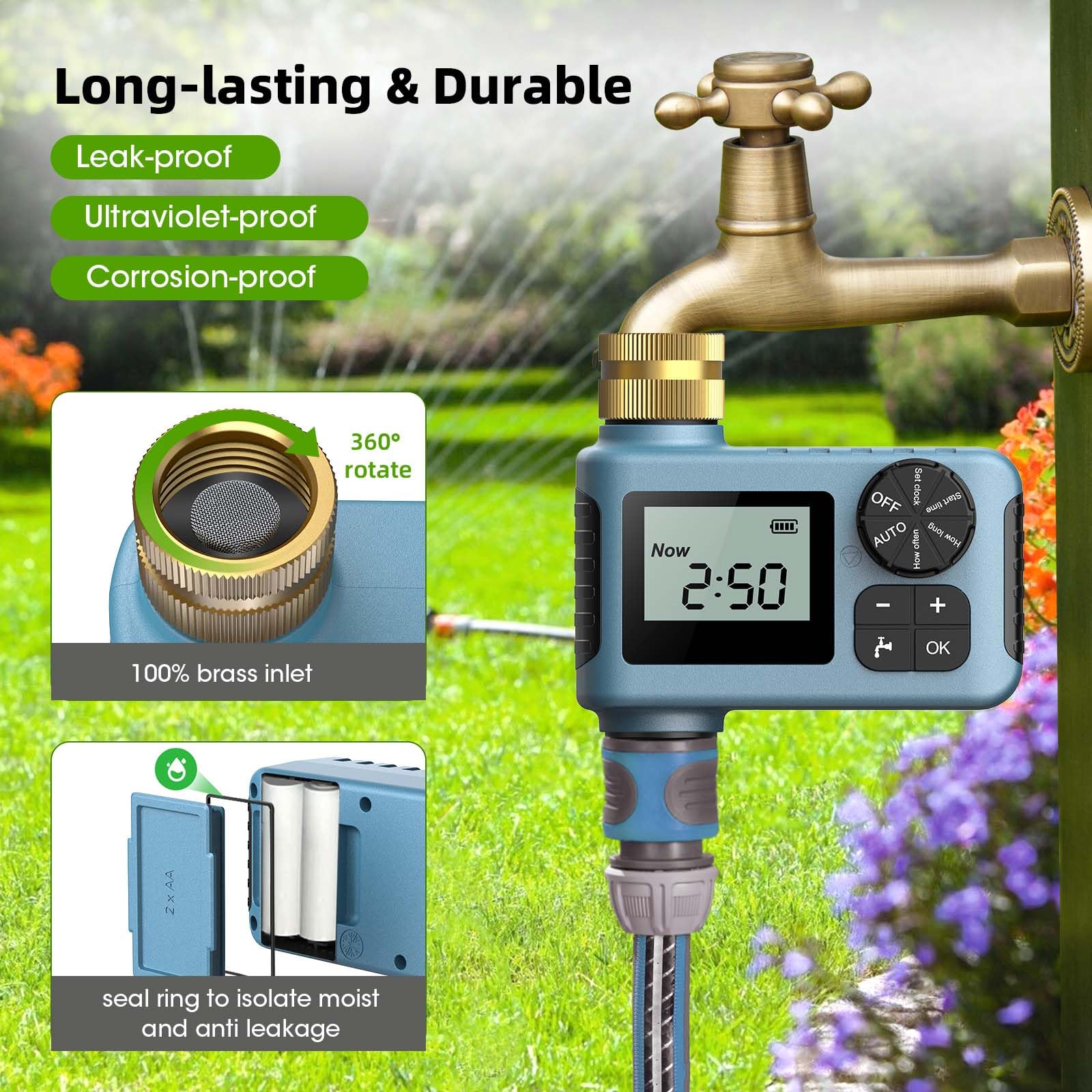 Hose Timer with Brass Inlet, Water Timer for Garden Hose Faucet, Sprinkler Timer Outdoor, Irrigation Timer with Rain Delay/Manual for Garden/Outdoor Hose, Yard, Lawns, 1 Outlet