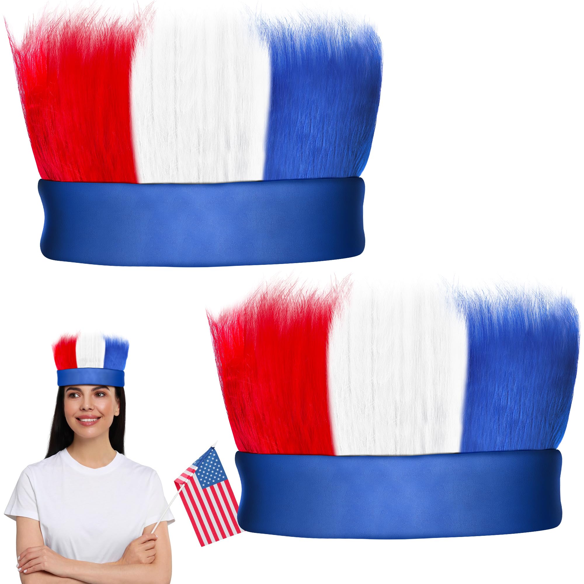 Watayo 2 Pcs Independence Day Patriotic Hairy Headband - 4th of July Crazy Hair Accessory - Red White and Blue Hairband Headwear for Memorial Day, Veterans Day