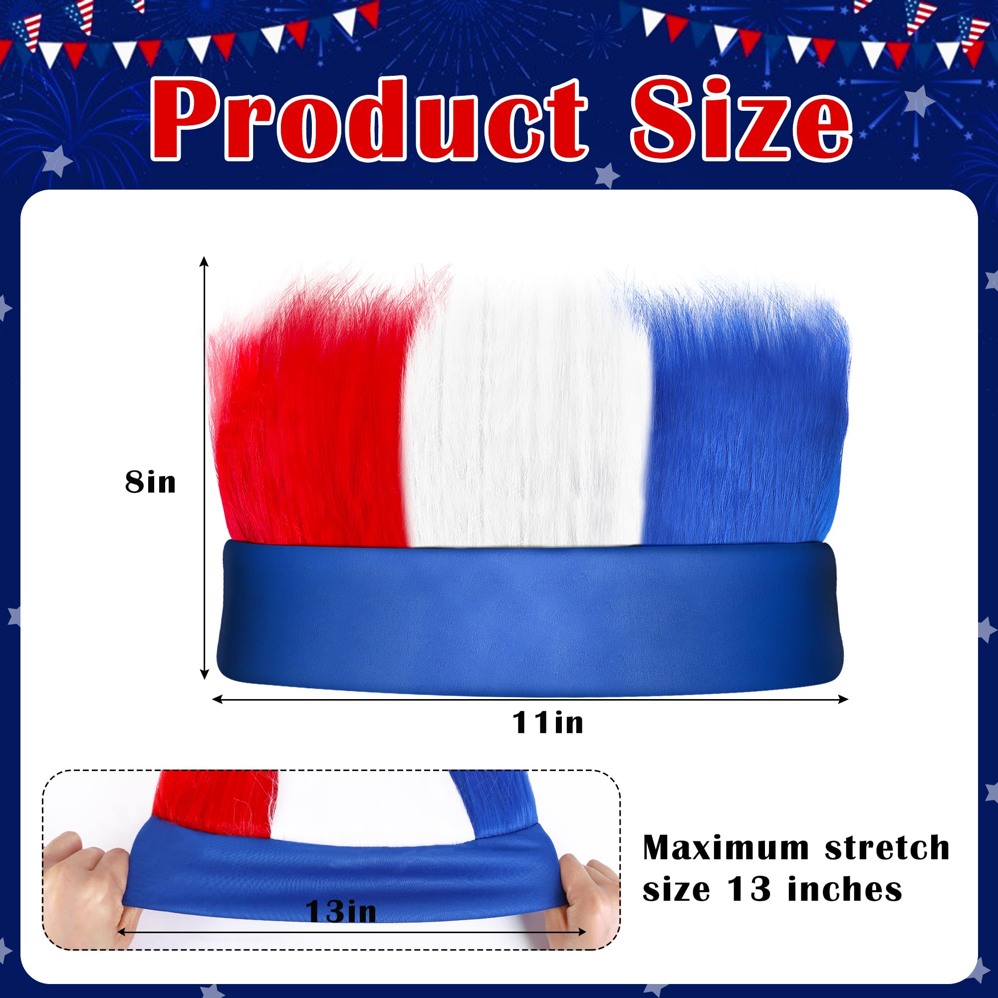 Watayo 2 Pcs Independence Day Patriotic Hairy Headband - 4th of July Crazy Hair Accessory - Red White and Blue Hairband Headwear for Memorial Day, Veterans Day