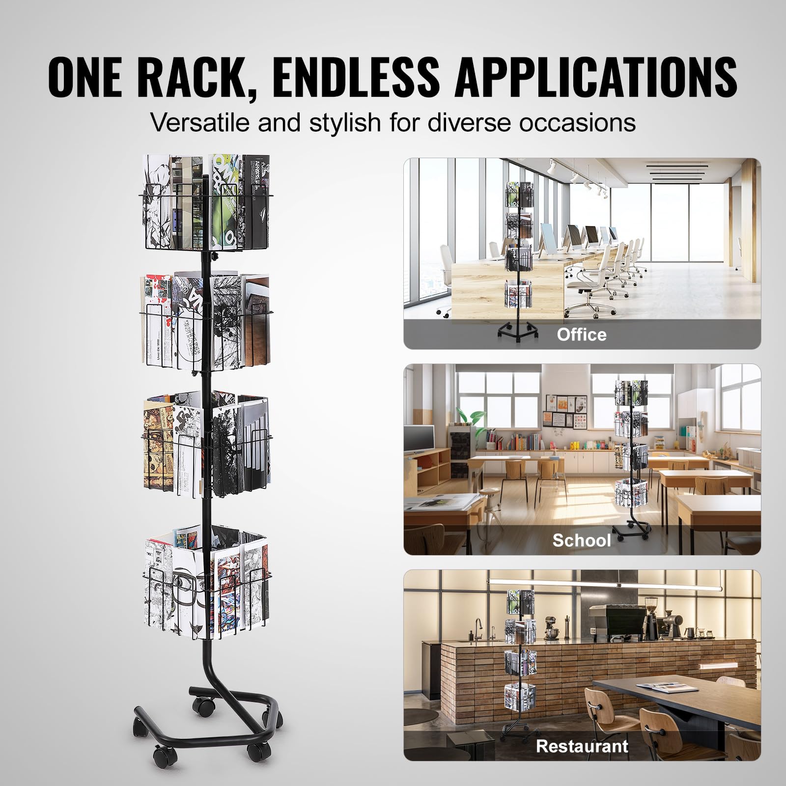 VEVOR Brochure Display Rack, 4-Tier 32 Pockets Rotating Magazine Literature Display Stand for Postcards, 360° Spinning Greeting Cards Rack with 5 Wheels (2 Lockable) for Shop Exhibitions Office