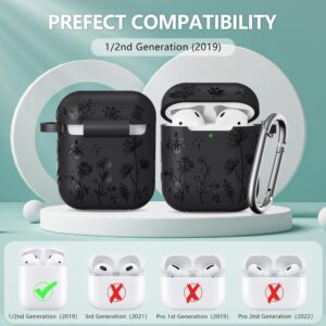 DXITROMI Compatible with Airpods Case - Flower Engraved Soft Silicone Case for Airpods 2nd Generation Case - Cute Case for Airpods Case 1st/2nd Generation with Cleaner Kit & Keychain (Black)