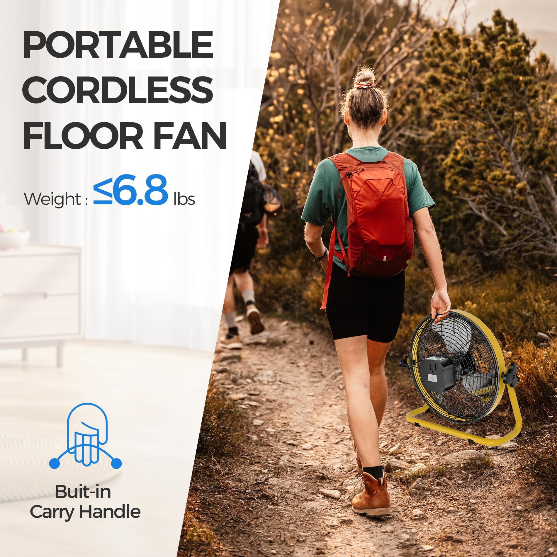 YUEMA Battery Operated Floor Fan - Rechargeable Powered Fan Cordless High Velocity Metal Blade Portable Fan for Camping Travel Patio Tent Indoor Outdoor Fan 12 Inch 360 Degree Manual Tilt 12 Speed