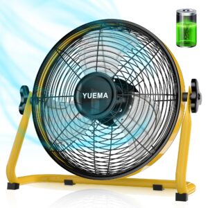 yuema battery operated floor fan - rechargeable powered fan cordless high velocity metal blade portable fan for camping travel patio tent indoor outdoor fan 12 inch 360 degree manual tilt 12 speed