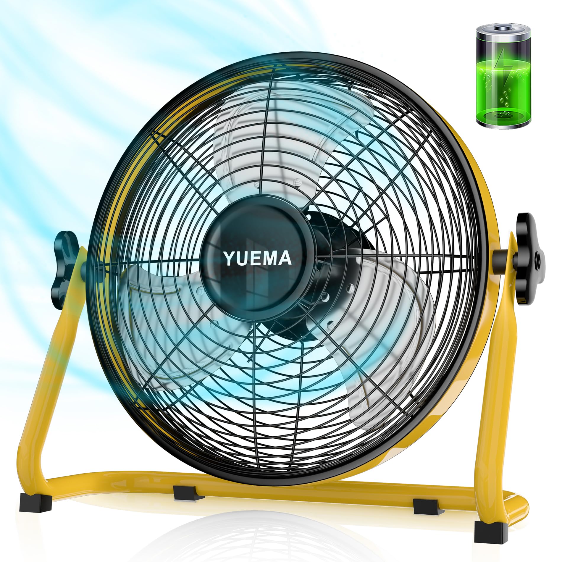 YUEMA Battery Operated Floor Fan - Rechargeable Powered Fan Cordless High Velocity Metal Blade Portable Fan for Camping Travel Patio Tent Indoor Outdoor Fan 12 Inch 360 Degree Manual Tilt 12 Speed