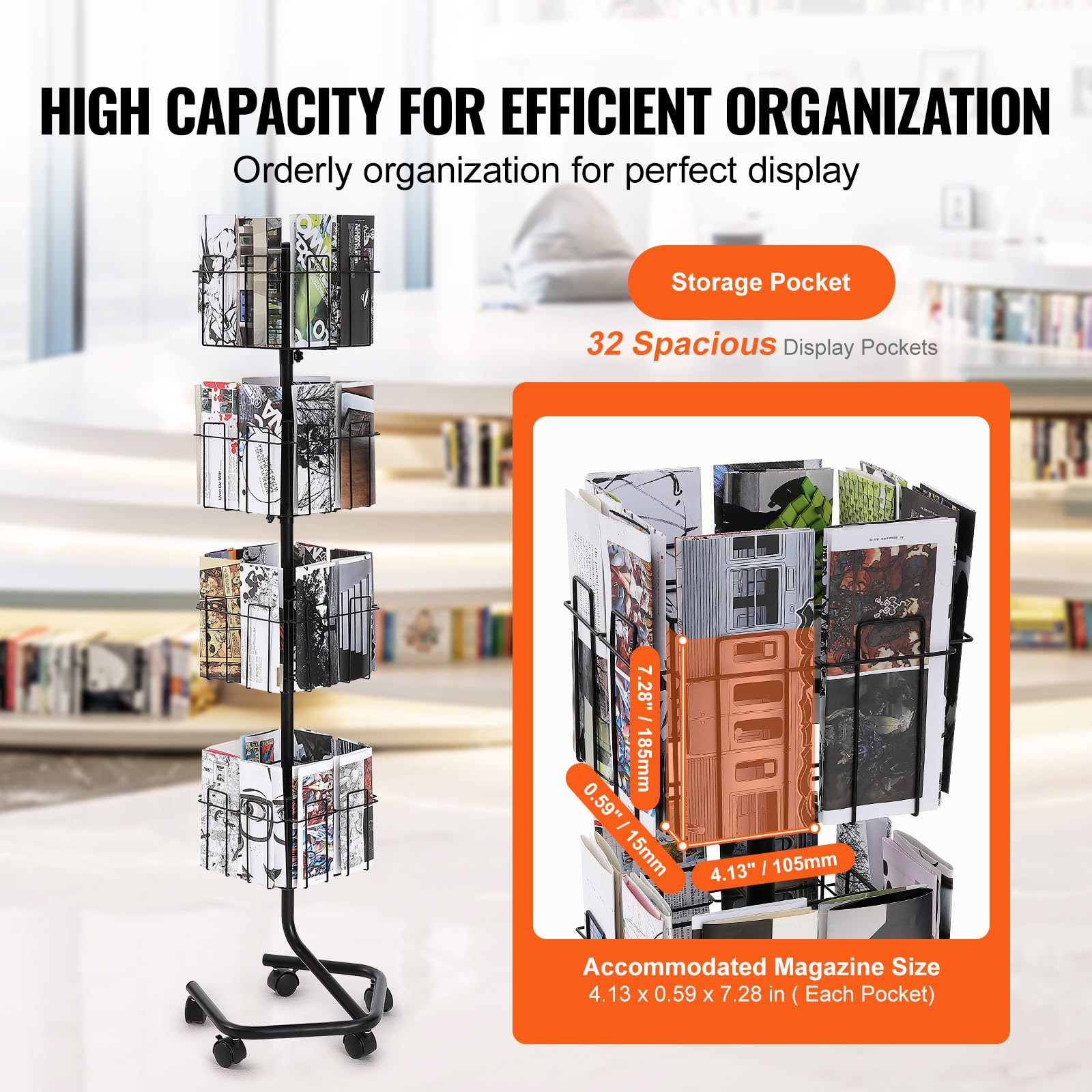 VEVOR Brochure Display Rack, 4-Tier 32 Pockets Rotating Magazine Literature Display Stand for Postcards, 360° Spinning Greeting Cards Rack with 5 Wheels (2 Lockable) for Shop Exhibitions Office