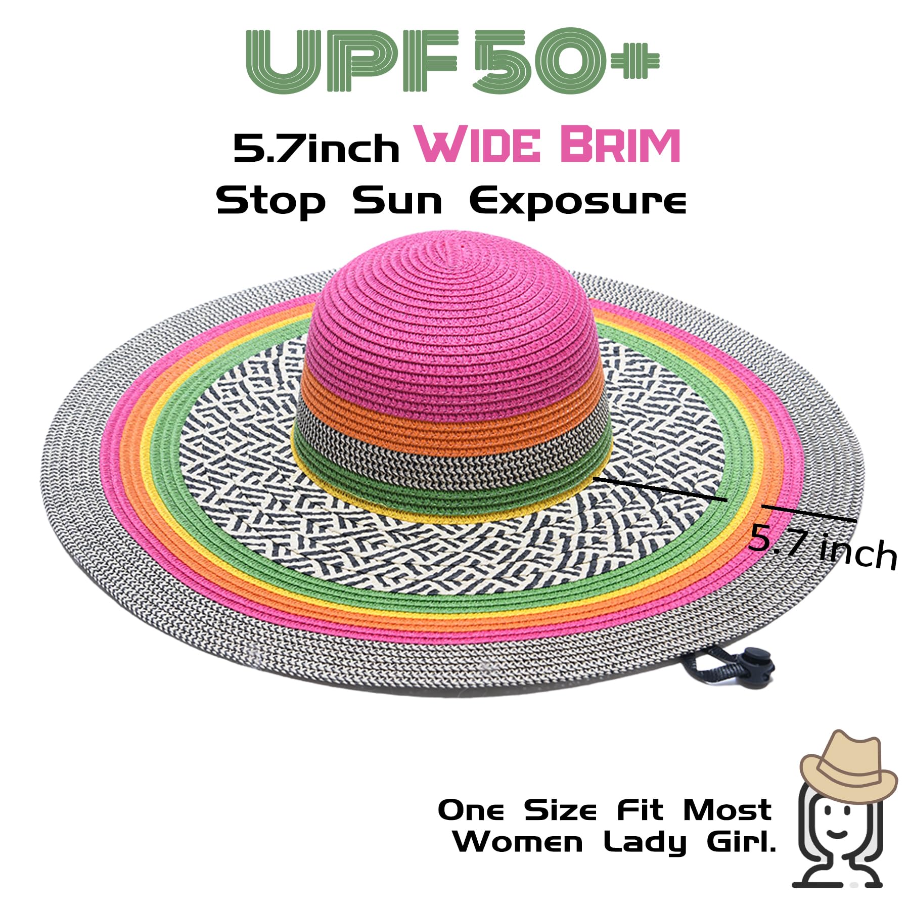 Harikery Womens Sun Straw hat UPF 50+ Wide Brim Summer Beach hat Colorful roll up Floppy Sun hat for Women