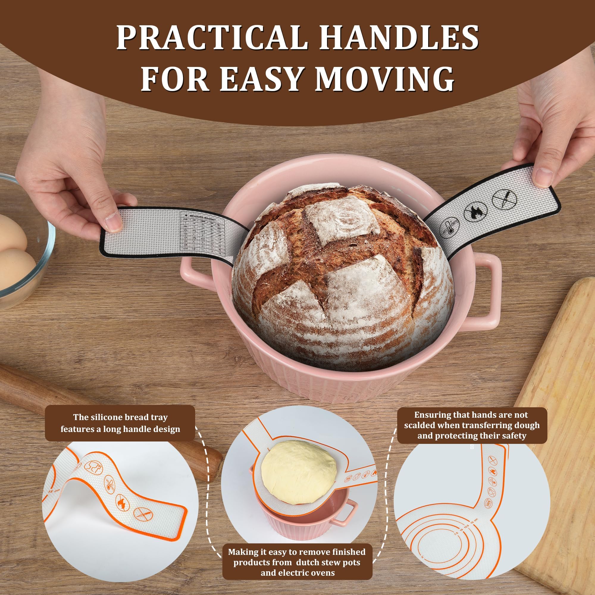 2 Pcs Silicone Bread Sling for Dutch Oven ， Non-stick & Easy to Clean Reusable Silicone Baking Mat With Long Handles，Heat Resistant sourdough silicone bread sling，Easy To Transfer Sourdough Bread