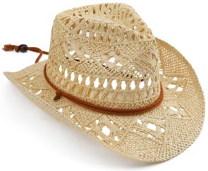 melesh adult straw sun beach western cowgirl cowboy hat for women (us, alpha, one size, beige)