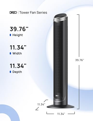 Dreo Smart Tower Fans for Bedroom, 90° Oscillating Fans for indoors, 5 Speeds 4 Modes Max 26ft/s, 12H Timer, LED with Touch, Remote Control, 40" Quiet Bladeless Standing Floor Fan, Work with Alexa