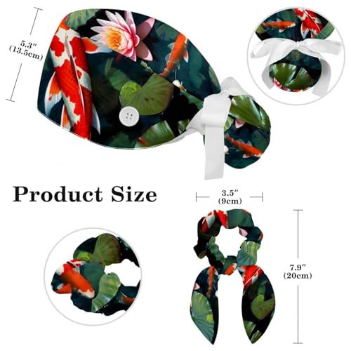 Scrub Surgical Hat,Cycling Hat with Buttons and Cotton Sweatband,Japanese Koi Fish Lotus