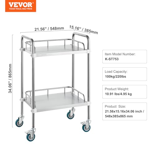 VEVOR Lab Rolling Cart, 2-Shelf Stainless Steel Rolling Cart, Lab Serving Cart with Swivel Casters, Dental Utility Cart for Clinic, Lab, Hospital, Salon, 15.16"x21.57"x34.06"