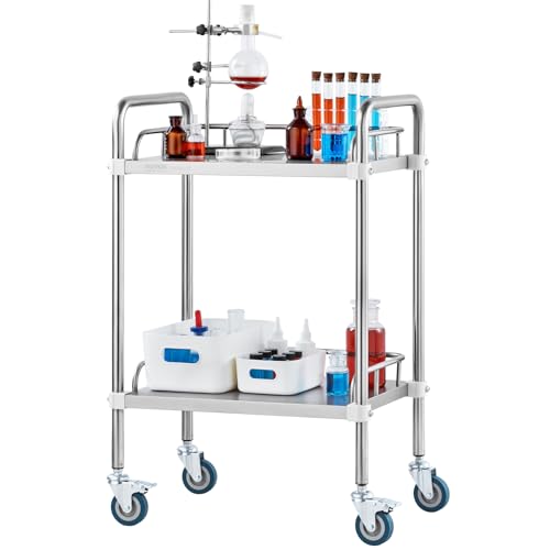 VEVOR Lab Rolling Cart, 2-Shelf Stainless Steel Rolling Cart, Lab Serving Cart with Swivel Casters, Dental Utility Cart for Clinic, Lab, Hospital, Salon, 15.16"x21.57"x34.06"