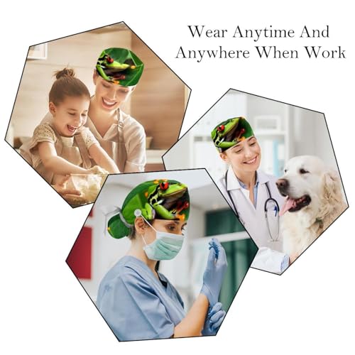 2-Pc Scrub Hats Women Bouffant Hats,Work Hat with Buttons and Cotton Sweatband,Red Eyes Tree Frog Rain Forest