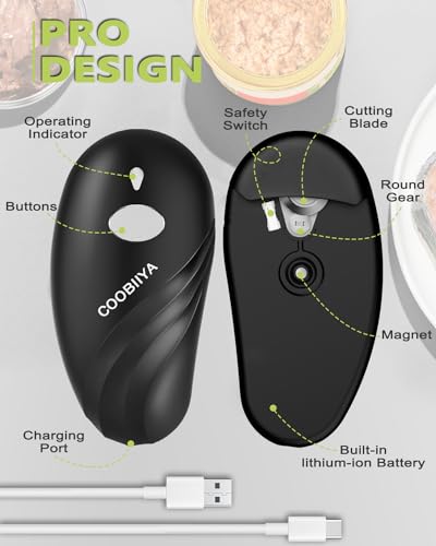 COOBIIYA Powerful Electric Can Opener, Rechargeable Can Opener Cordless for Seniors for Kitchen- Automatic Stop One Touch Can Electric Opener with Smooth Edge (Black)