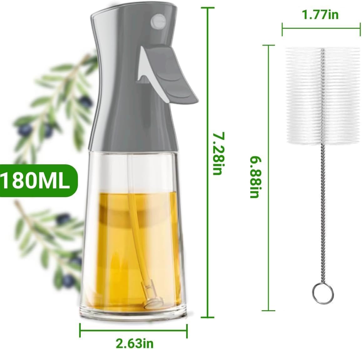 180ml Glass Olive Oil Sprayer, Oil Sprayer with Brush for Cooking - Thick Glass, Strong Spray Force, Kitchen Gadgets Accessories