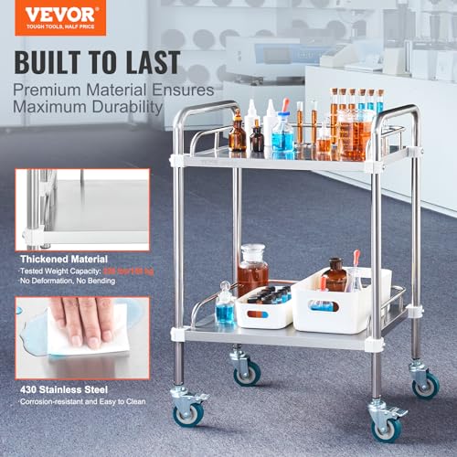 VEVOR Lab Rolling Cart, 2-Shelf Stainless Steel Rolling Cart, Lab Serving Cart with Swivel Casters, Dental Utility Cart for Clinic, Lab, Hospital, Salon, 15.16"x21.57"x34.06"