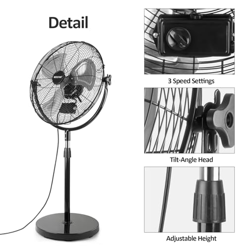 BEESTAR 18 Inch Heavy Duty High Velocity Pedestal Fan,Industrial Standing Fan with Adjustable Height and Tilt,3-Speed,Metal Fan for Industrial, Commercial, Residential, Greenhouse,Black