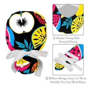 2-Pc Scrub Hats Women Bouffant Hats,Work Hat with Buttons and Cotton Sweatband,Tropical Colored Fruits