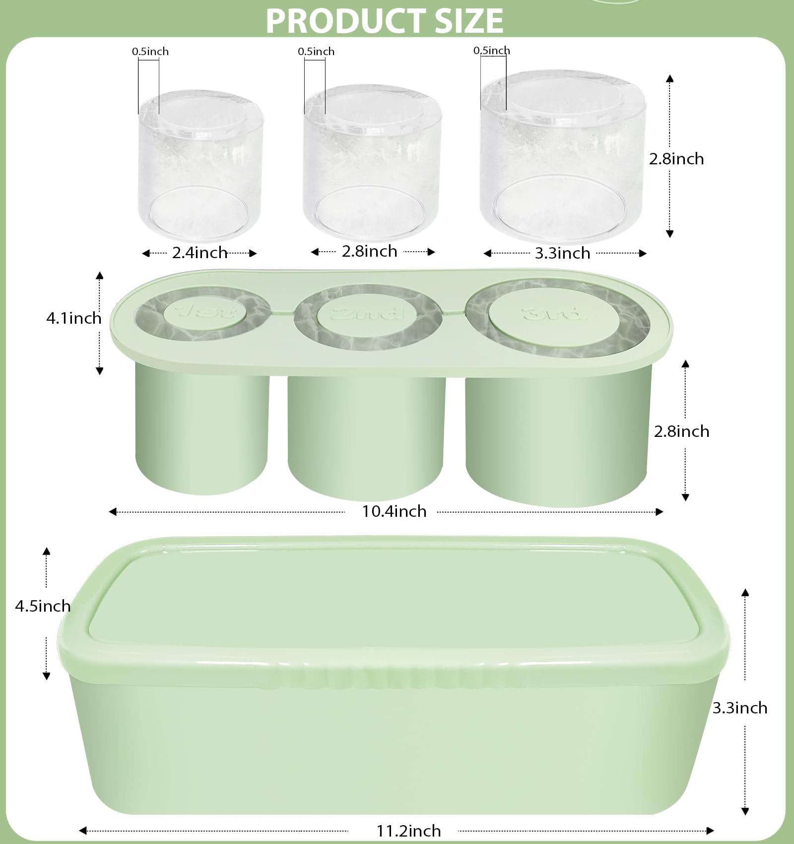 Ice Cube Tray for Stanley Cup: 30Oz-40Oz Tumbler Ice Mold Silicone - 3 Pcs Hollow Cylinder Ice Maker Freezer with Lid and Bin for Water Bottle Whiskey Cocktail Coffee Juice (Green)