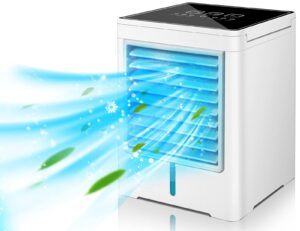 portable air conditioners fan, evaporative air cooler with 3 speeds 3 timers, personal mini air cooler touch screen desktop cooling fan with large water tank for home room office camping car