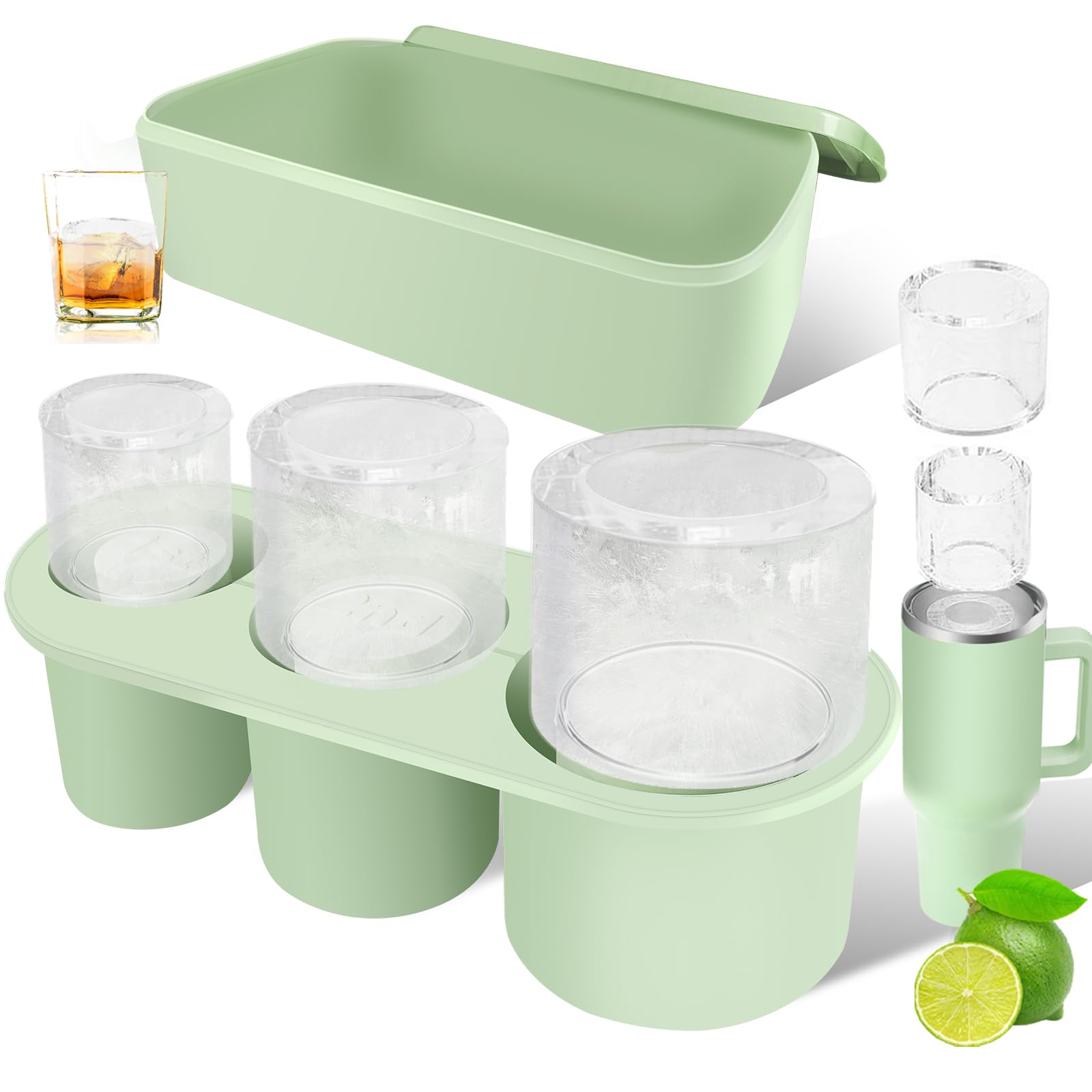 Ice Cube Tray for Stanley Cup: 30Oz-40Oz Tumbler Ice Mold Silicone - 3 Pcs Hollow Cylinder Ice Maker Freezer with Lid and Bin for Water Bottle Whiskey Cocktail Coffee Juice (Green)