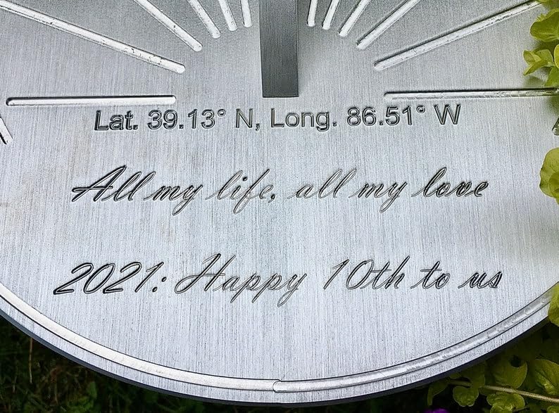 10 Year Anniversary Gift Sundial - Custom Engraved & Calibrated 10th Anniversary Gifts For Him Or Her - 10th Anniversary Gifts For Couple -10 Year Tin Anniversary Gifts Sundial