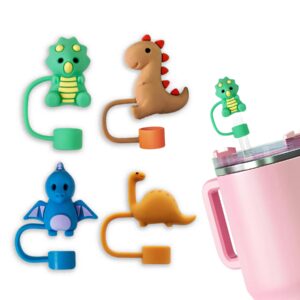 4 pack dinosaur straw cover cap for stanley cup 30&40 oz tumblers, 0.4in/10mm silicone straw topper protector lid with cute dinosaurs kids cup accessories