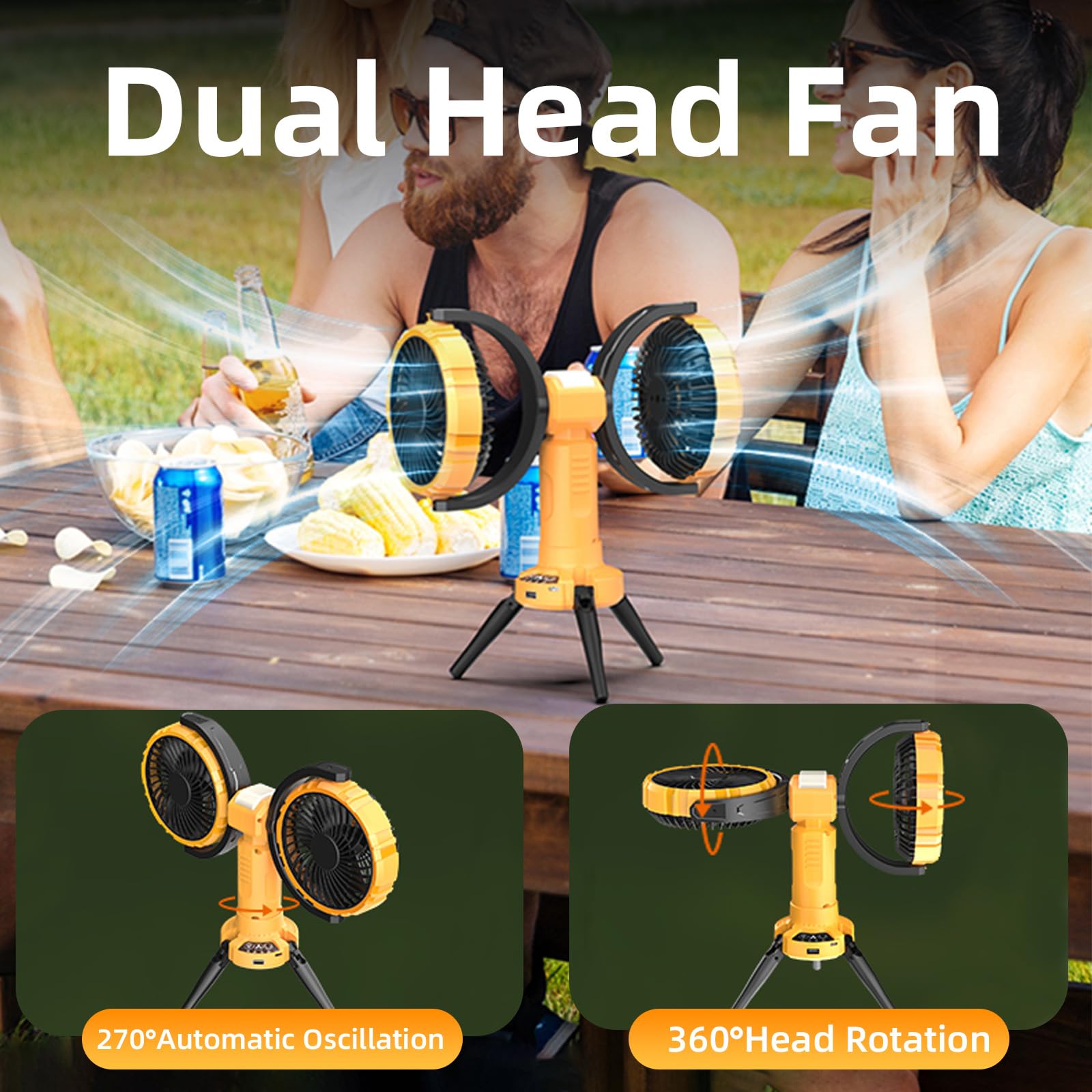 NIFBANG Double Head Camping Fan with LED Light,8000mAh Rechargeable Battery Powered Tripod Tent Fan,270° Oscillating Portable Fan 360° Rotation with Hook for Home,Outdoor,Bedroom,Canopy,Travel,Fishing