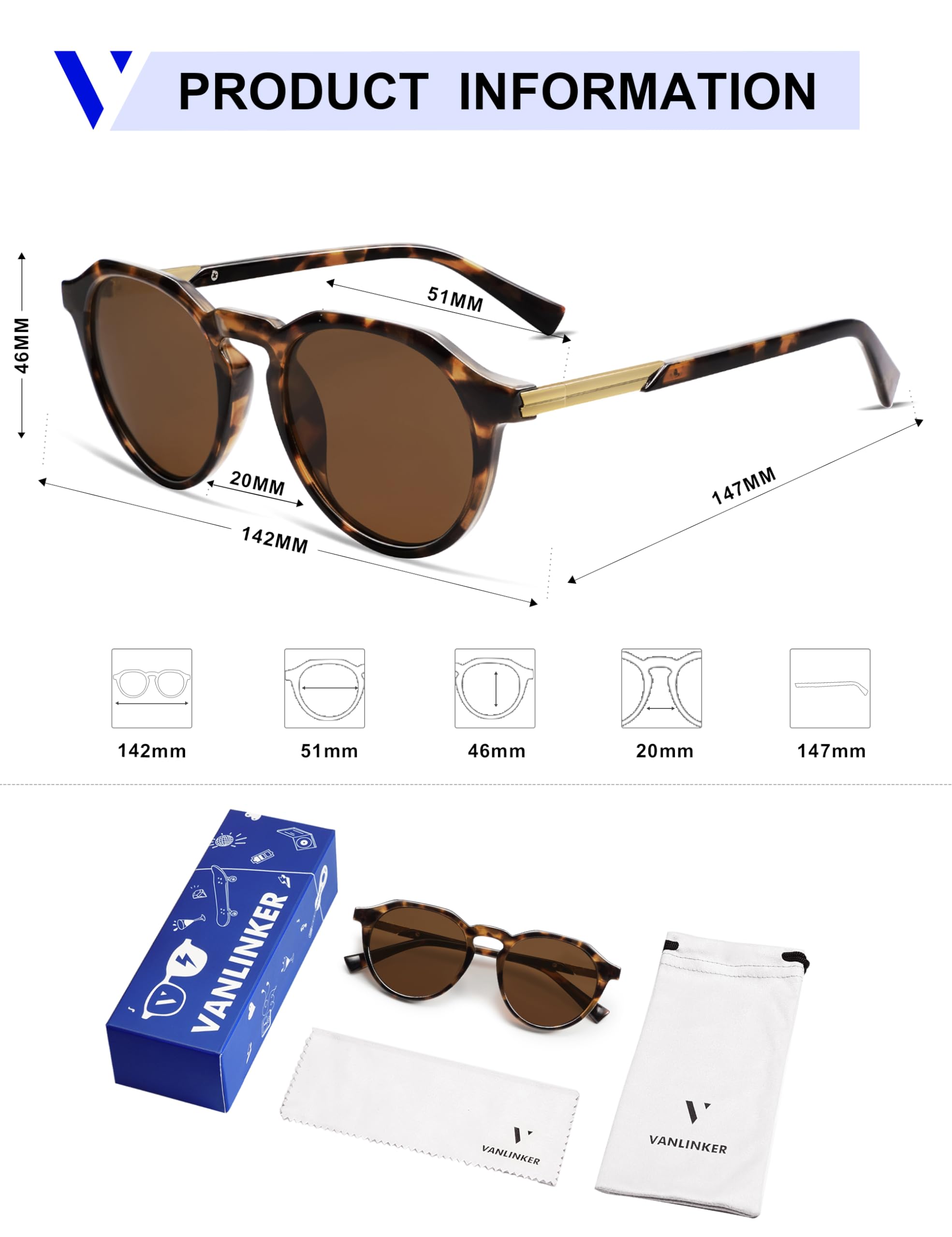 VANLINKER Trendy Round Polygon Polarized Sunglasses for Men Women Vintage Retro Sun Glasses VL9775 Brown/Tortoise