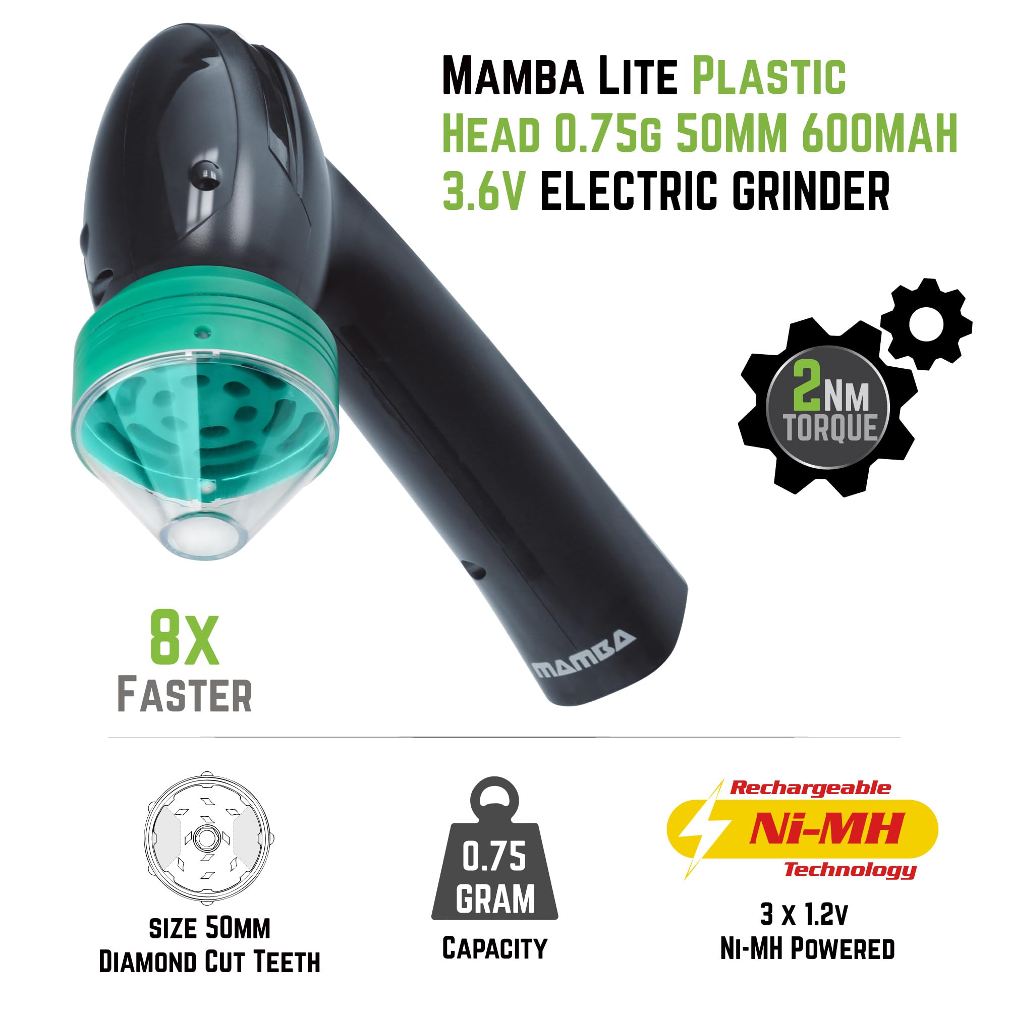 Mamba Lite 0.75g All-Plastic Head Electric Portable Herb Grinder. USB Rechargeable Powered for Easy One Handed Machine Grinding (Gray)