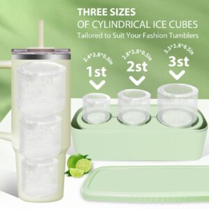 Ice Cube Tray for Stanley Cup: 30Oz-40Oz Tumbler Ice Mold Silicone - 3 Pcs Hollow Cylinder Ice Maker Freezer with Lid and Bin for Water Bottle Whiskey Cocktail Coffee Juice (Green)