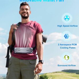 Portable Waist Fan with 2 Cooling Plates, Wearable Clip on Fan 5000mAh Rechargeable Travel Fan 3 Speeds 6000RPM Strong Airflow, Personal Body Shirt Fan Belt Clip Fan for Outdoor Work Camping Fishing