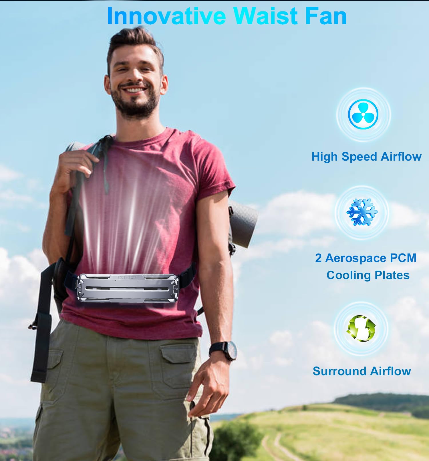 Portable Waist Fan with 2 Cooling Plates, Wearable Clip on Fan 5000mAh Rechargeable Travel Fan 3 Speeds 6000RPM Strong Airflow, Personal Body Shirt Fan Belt Clip Fan for Outdoor Work Camping Fishing