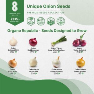 Organo Republic 8 Onion Seeds Variety Pack Heirloom, Non-GMO, Sets for Indoors, Outdoors Gardening. 2200+ Seeds: Walla Walla, Green Onion, Red Burgundy, White & Yellow Sweet Spanish Onions