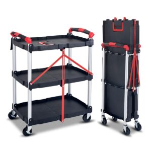 unicoo foldable plastic utility cart, heavy duty, 3-tier rolling service cart with lockable & silent wheels, anti-rust & easy clean for restaurant, office, garage & more, 25.6x15.7x33.5 (black + red)