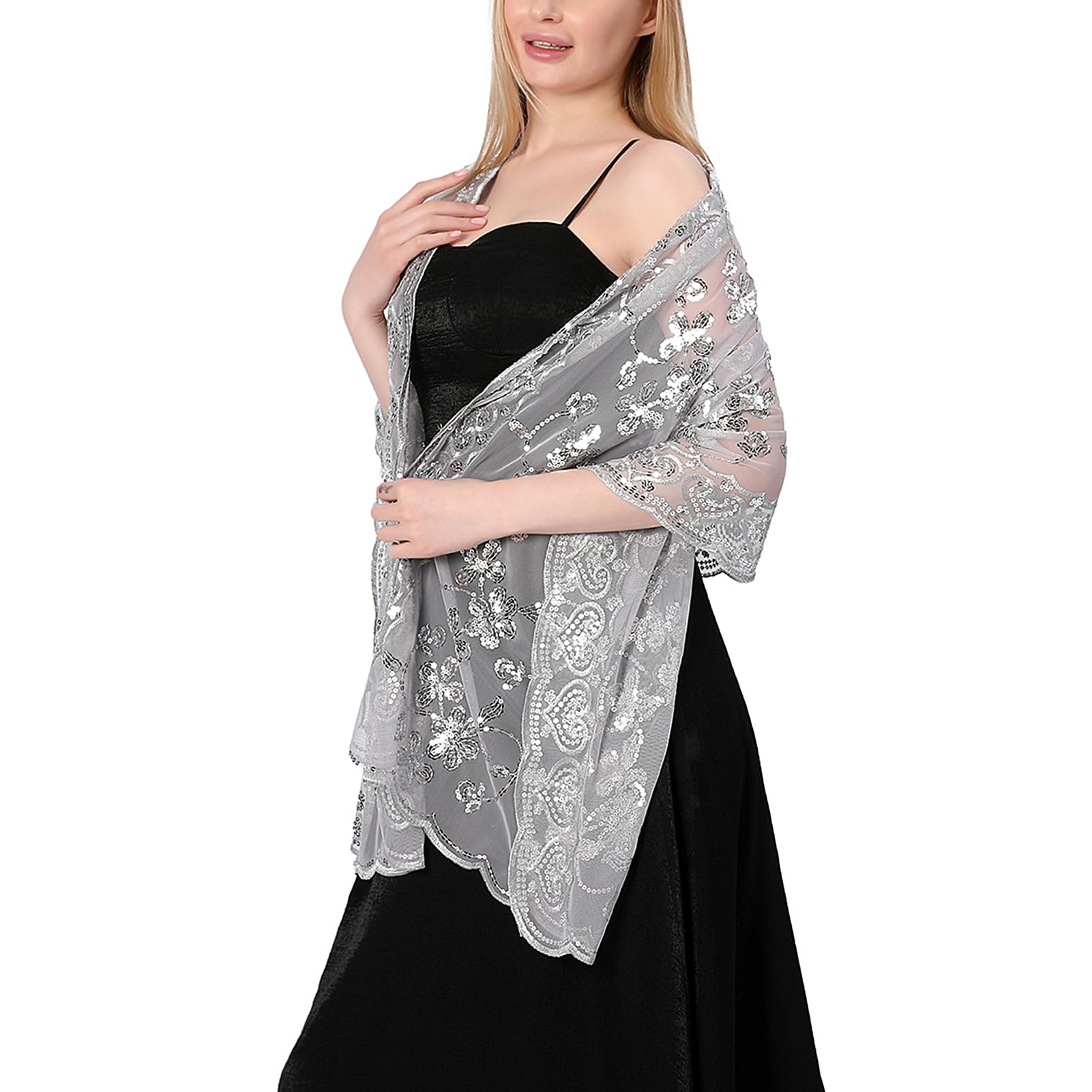 Ladiery Sequin Floral Shawls and Wraps for Evening Dresses,Women sparkly Sheer Mesh Wedding Shawls for Evening Party