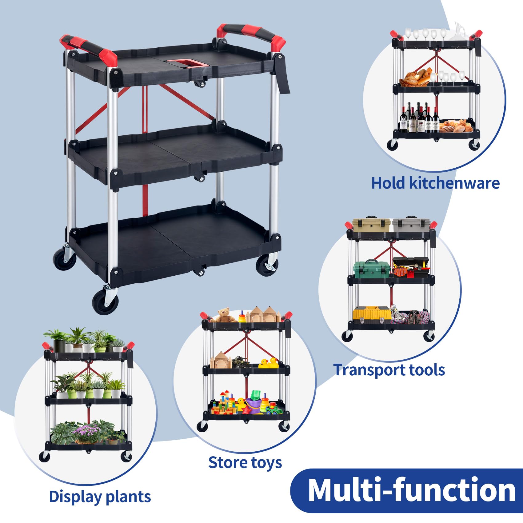 UNICOO Foldable Plastic Utility Cart, Heavy Duty, 3-Tier Rolling Service Cart with Lockable & Silent Wheels, Anti-Rust & Easy Clean for Restaurant, Office, Garage & More, 25.6x15.7x33.5 (Black + Red)