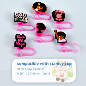 6Pcs Pink Black Girl Straw Covers Cap for Stanley Cup，Cute Silicone Straw Topper for 10mm Drinking Straw Tip Covers Stanley Cup Accessories